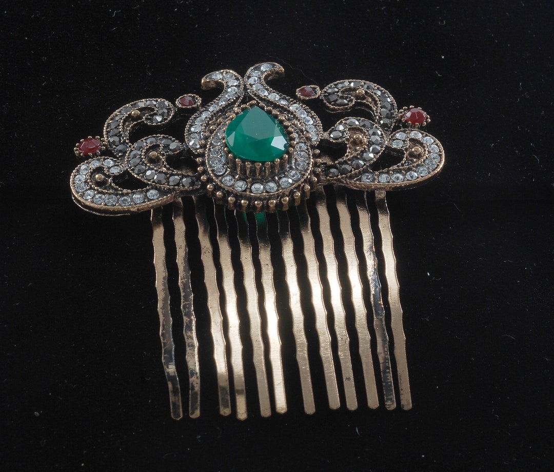 Vintage Hair Comb Side Comb Signed Visson Gold Tone Rhinestone Green ...