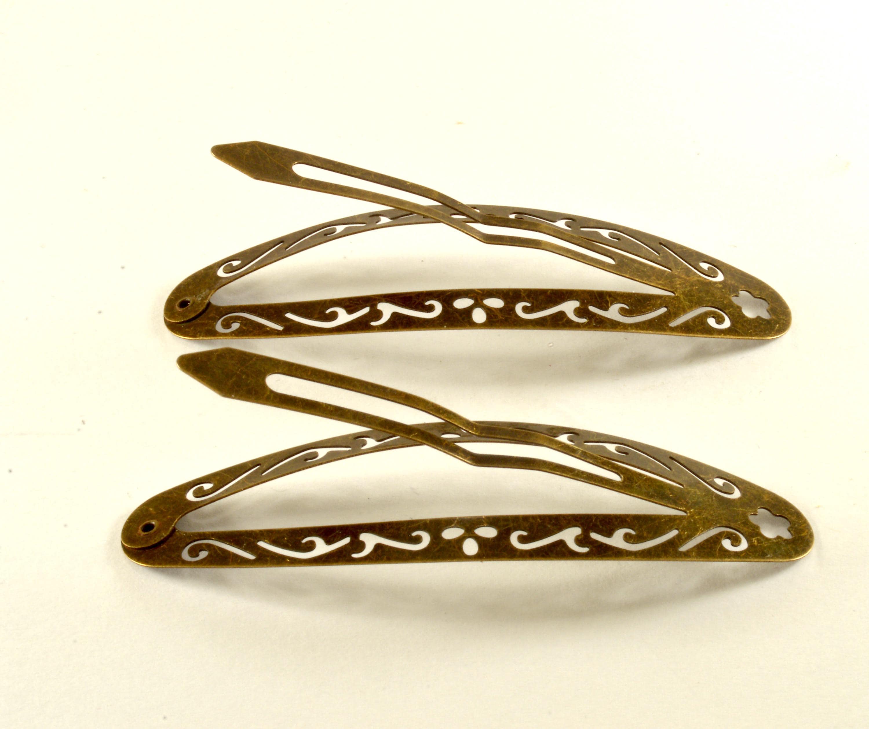 Retro Hair Barrette Snap Clip Pair Decorative Distressed Brass Tone ...