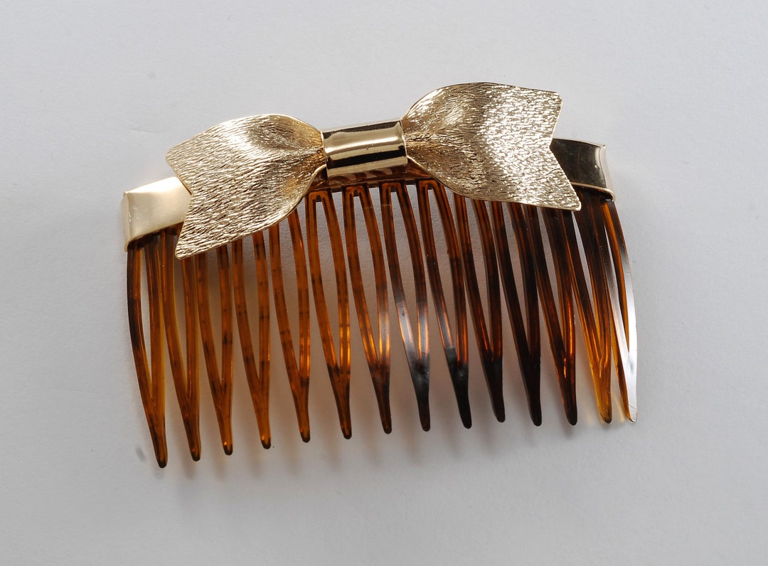 Vintage Hair Comb Metal Topper Gold Tone Bow Brown Plastic Comb ...