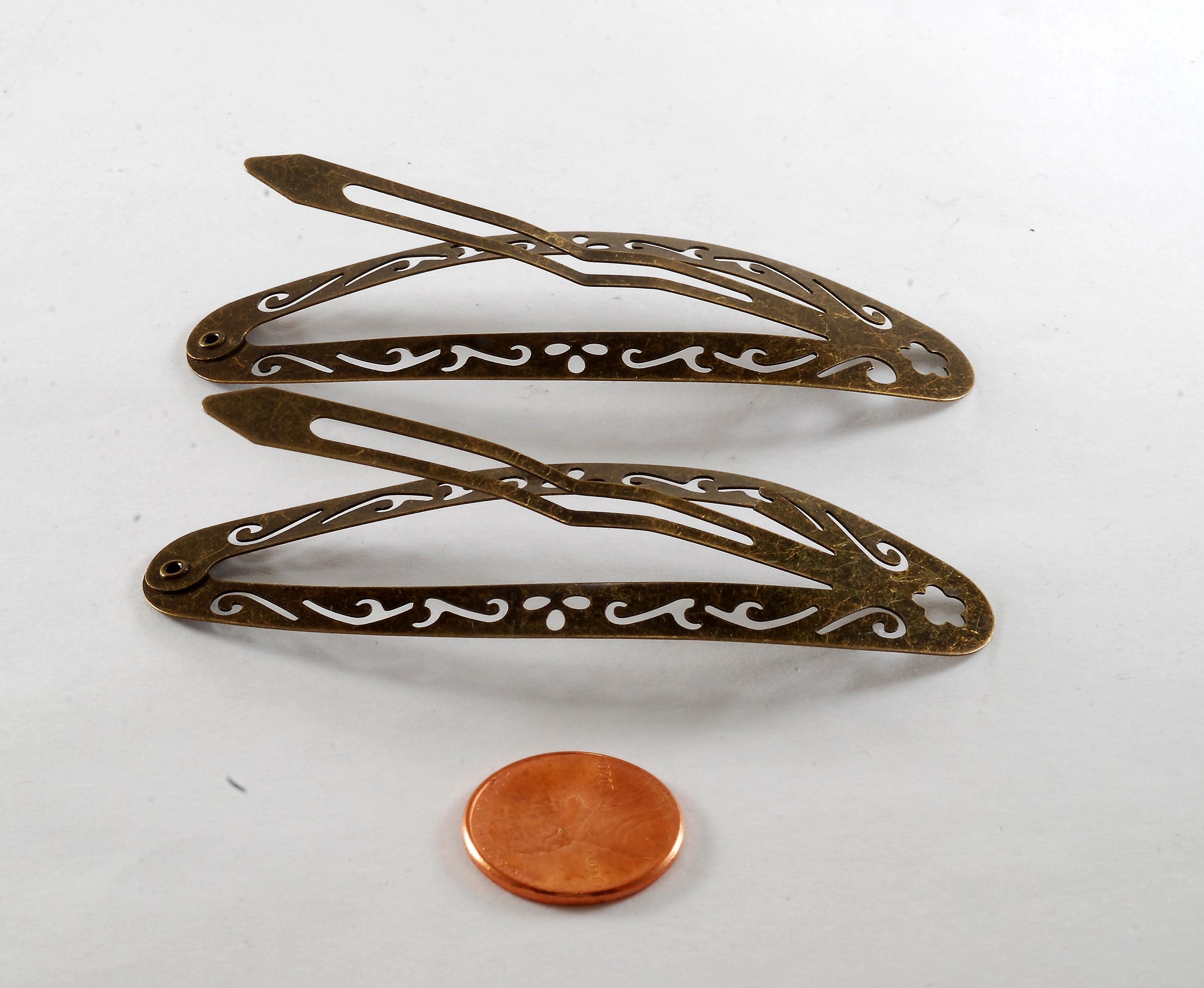 Retro Hair Barrette Snap Clip Pair Decorative Distressed Brass Tone ...