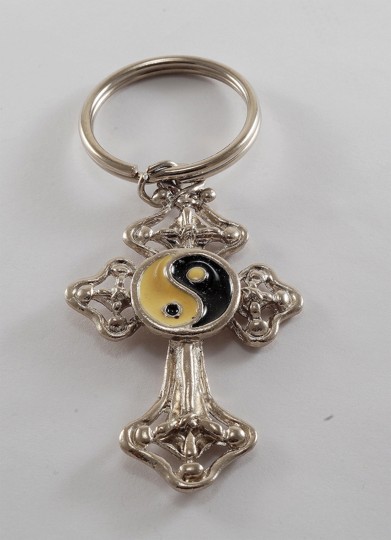 Vintage Yin Yang Cross Keychain Silver Tone Metal Key Ring Fob 1 1/2" X ...