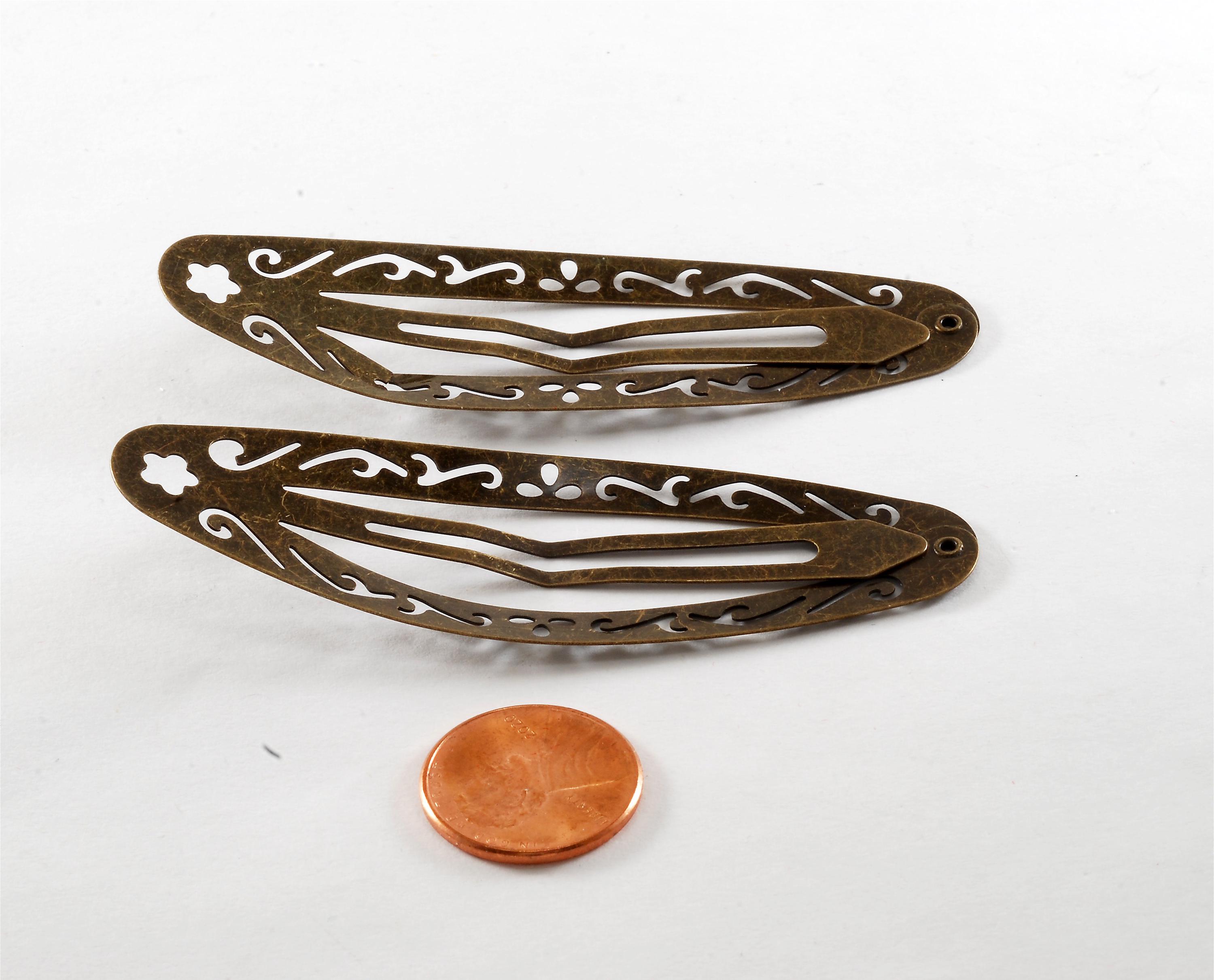 Retro Hair Barrette Snap Clip Pair Decorative Distressed Brass Tone ...