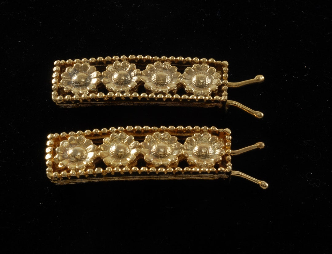 Vintage Hair Barrette Pair Gold Tone Metal Sun Flower Design Wire Clasp ...