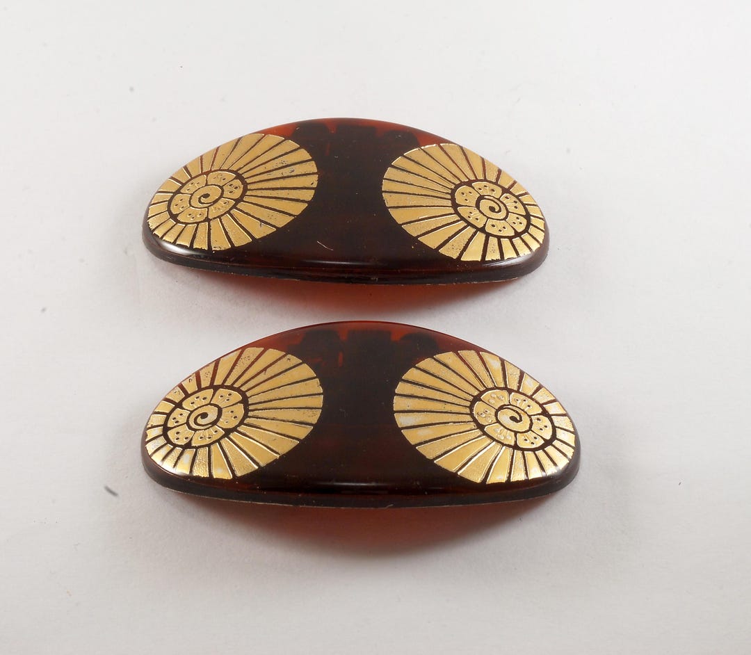 Vintage Shoe Clips Brown Plastic Gold Flowers Shoe Accents 1 1/2