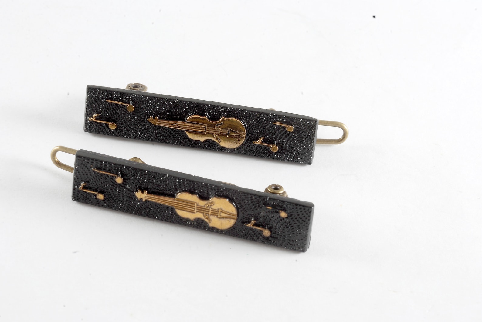 Vintage Hair Barrettes Violin Fiddle Gold Tone Metal Jet Glass Made in ...