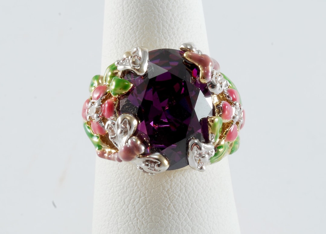 Kirks Folly Ring Floral Dragon Fly Motif Purple Amethyst Glass Center ...