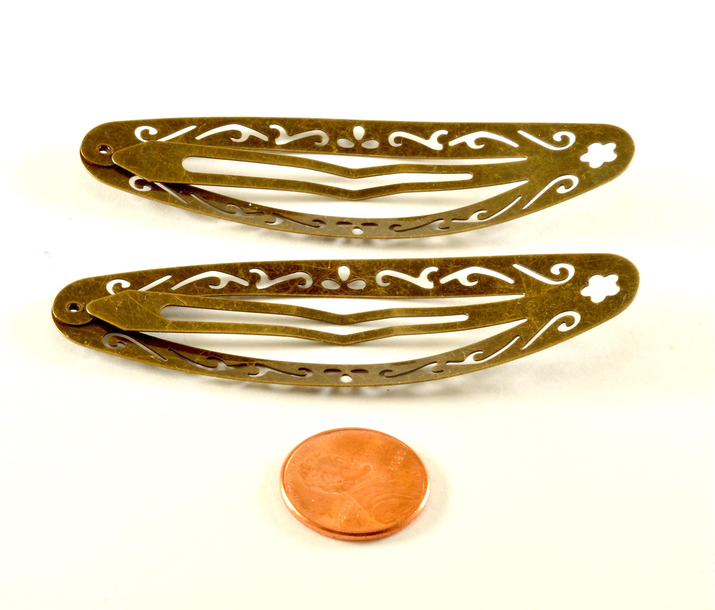 Retro Hair Barrette Snap Clip Pair Decorative Distressed Brass Tone ...