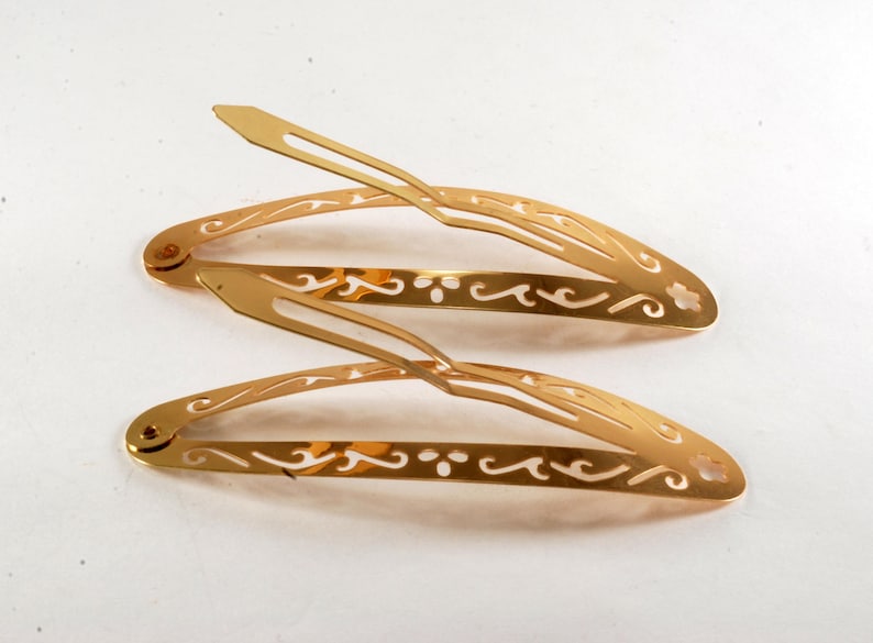 Retro Hair Barrette Snap Clip Pair Decorative Shiny Gold Tone Metal ...
