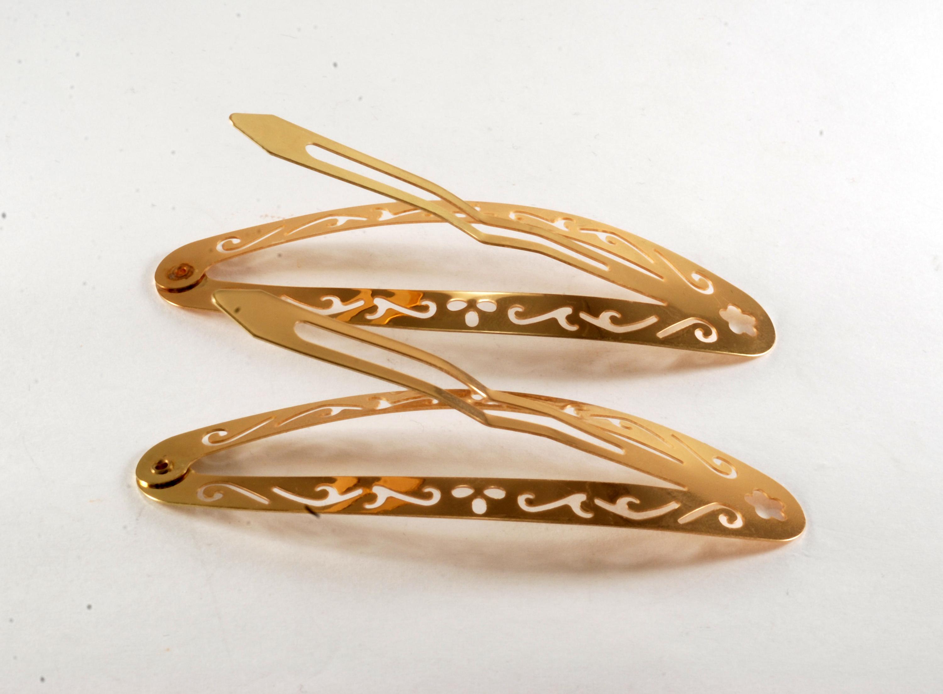 Retro Hair Barrette Snap Clip Pair Decorative Shiny Gold Tone Metal ...