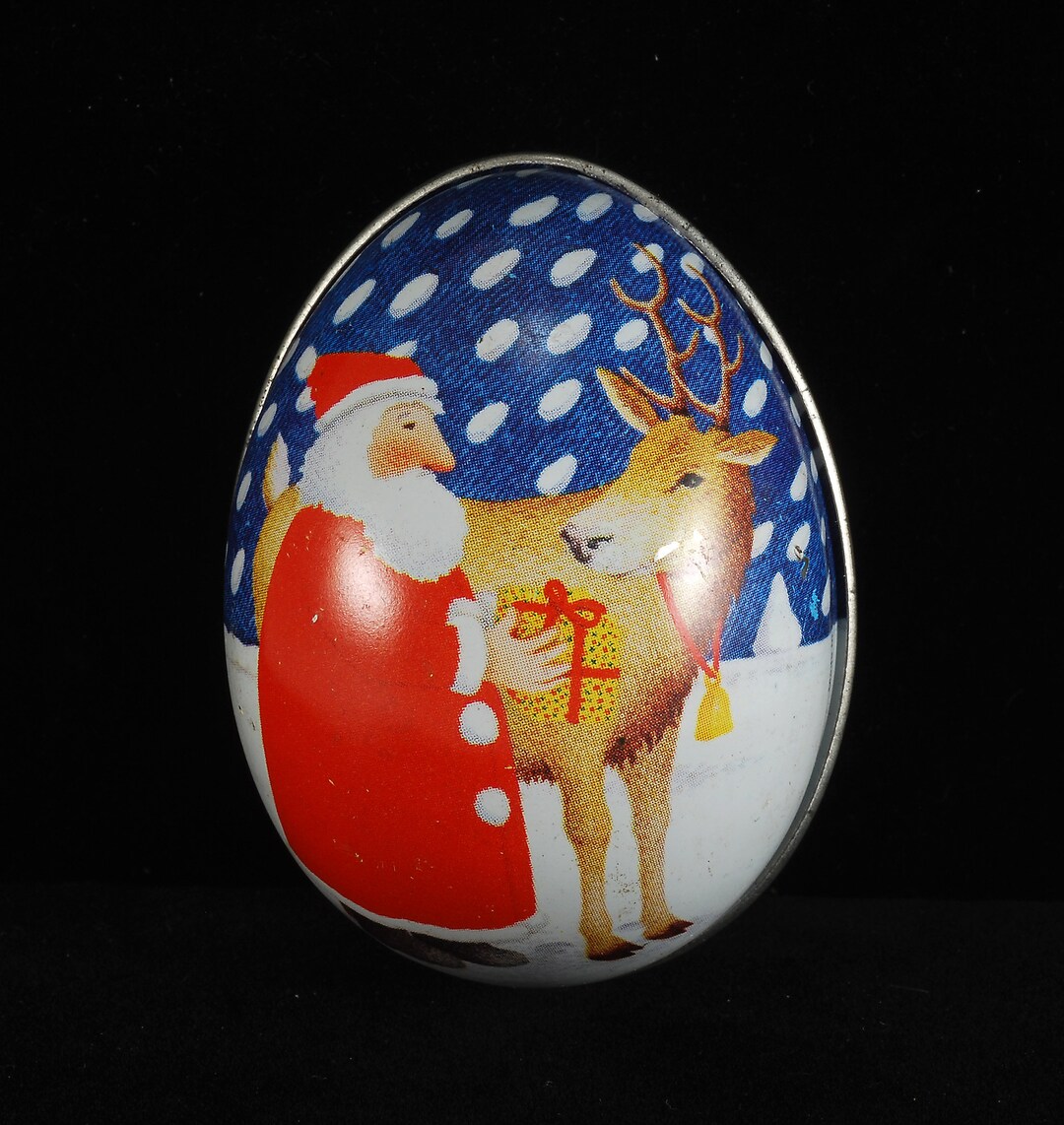 VTG Egg Shaped Tin Santa Gifting Reindeer Scene Made in Switzerland ...