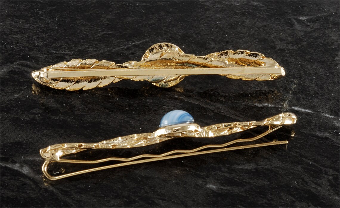 Vintage Hair Pins Bobby Pins Gold Plated Metal Blue Givre Glass Pair ...