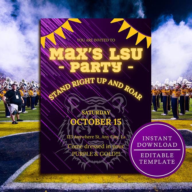 Editable LSU Birthday Party Invitation, Kids Birthday Party, Tailgate ...