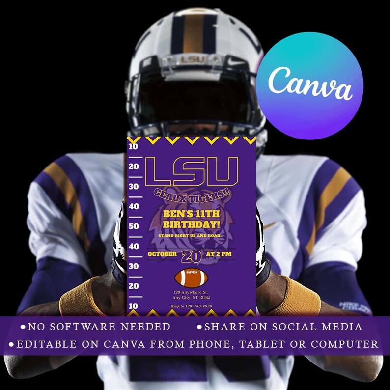 Editable LSU Birthday Party Invitation, Kids Birthday Party, Tailgate ...