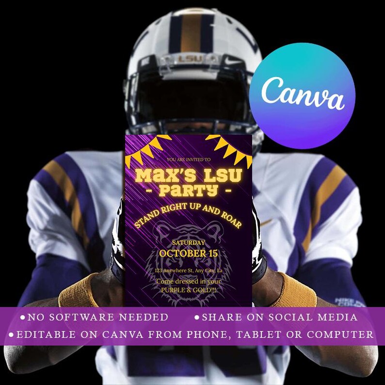 Editable LSU Birthday Party Invitation, Kids Birthday Party, Tailgate ...