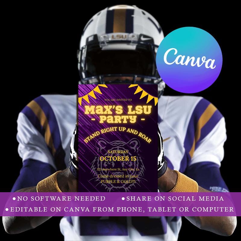 Editable LSU Birthday Party Invitation, Kids Birthday Party, Tailgate ...