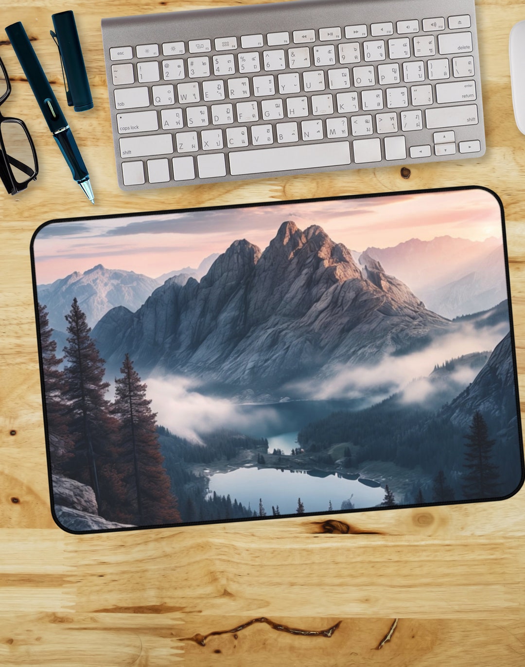 Mountain Natural Design Desk Mat. Deskmat. Nature Trees Smoke Fog Sun ...