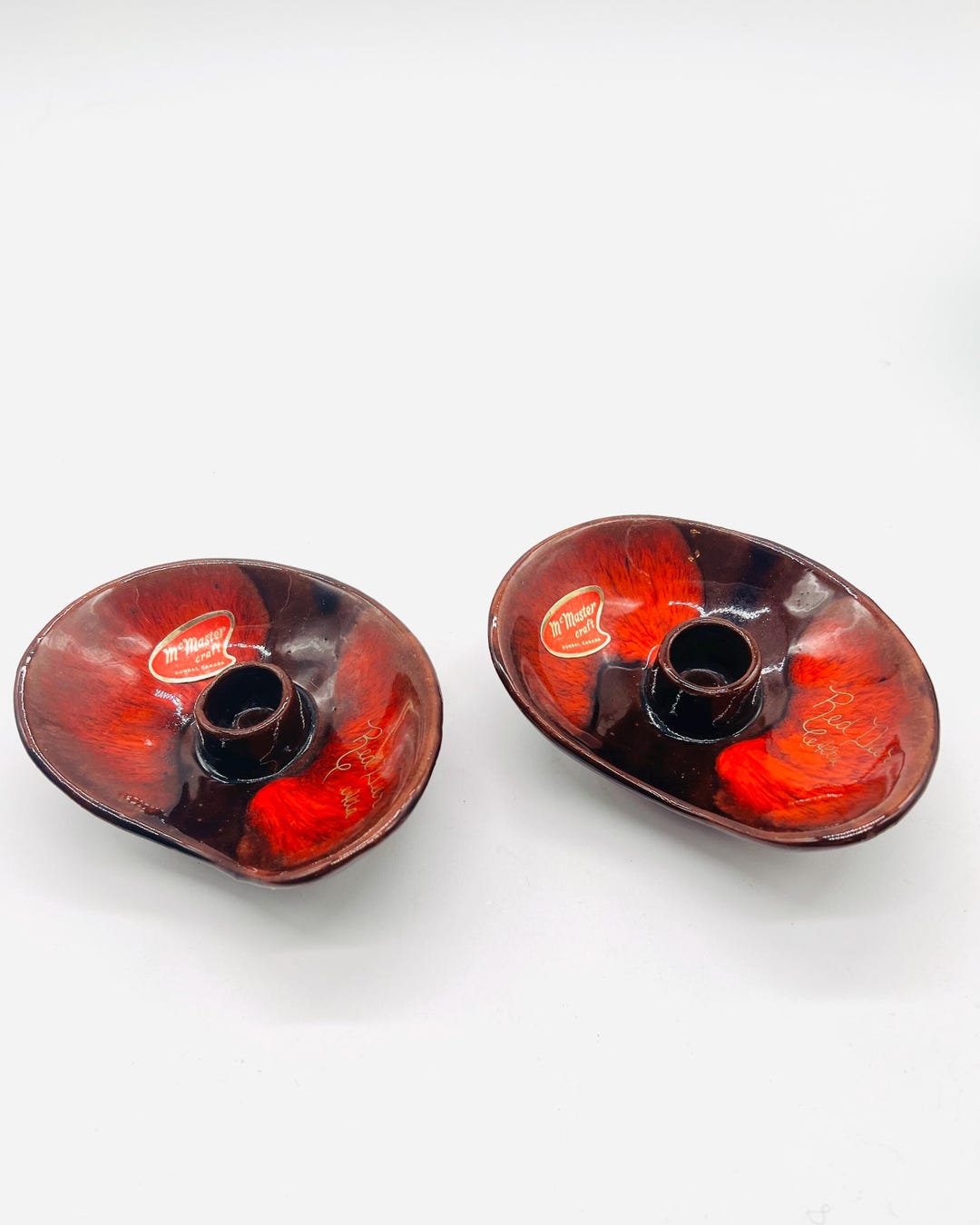 Vintage Mcmaster Pottery Candleholders: Red Drip Glaze Amoeba Pair ...