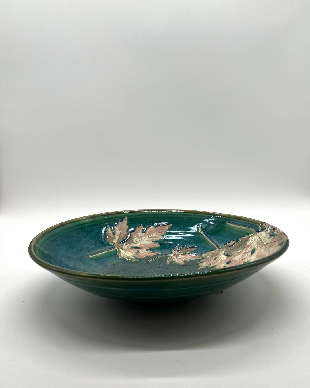 Large Turquoise Bowl With Pink Maple Leaves Travis Berning Dillsboro NC ...