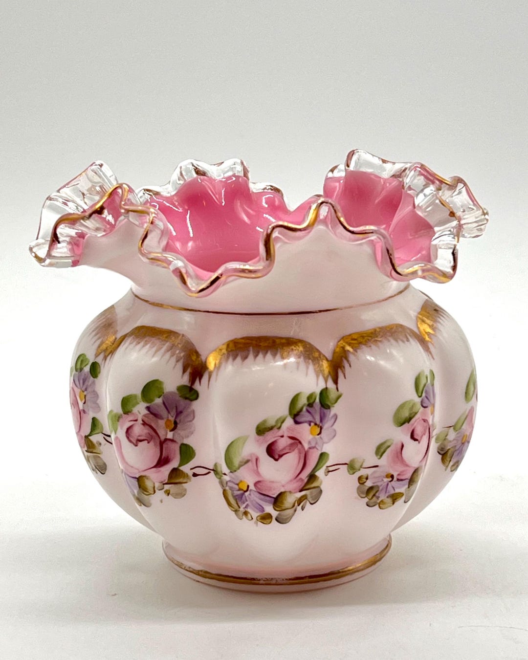 Fenton Peach Crest Rose Bowl Vase: Charleton Hand-painted Roses, Label ...