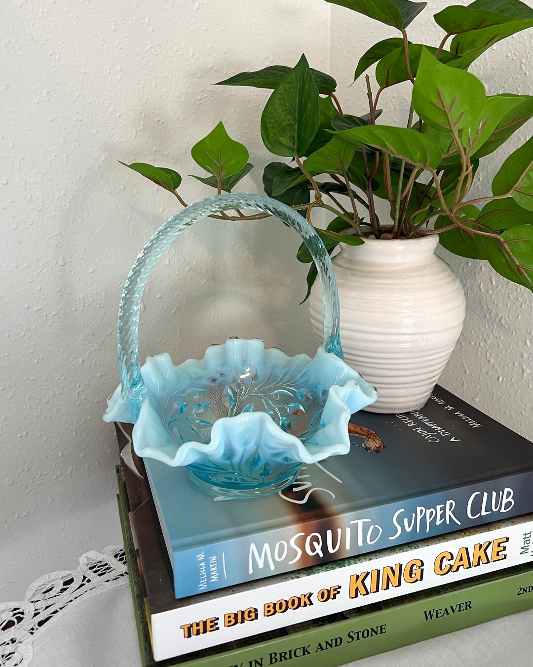 Rare Fenton Steigel Blue Opalescent Wildflower 7 Inch Basket Only Made ...
