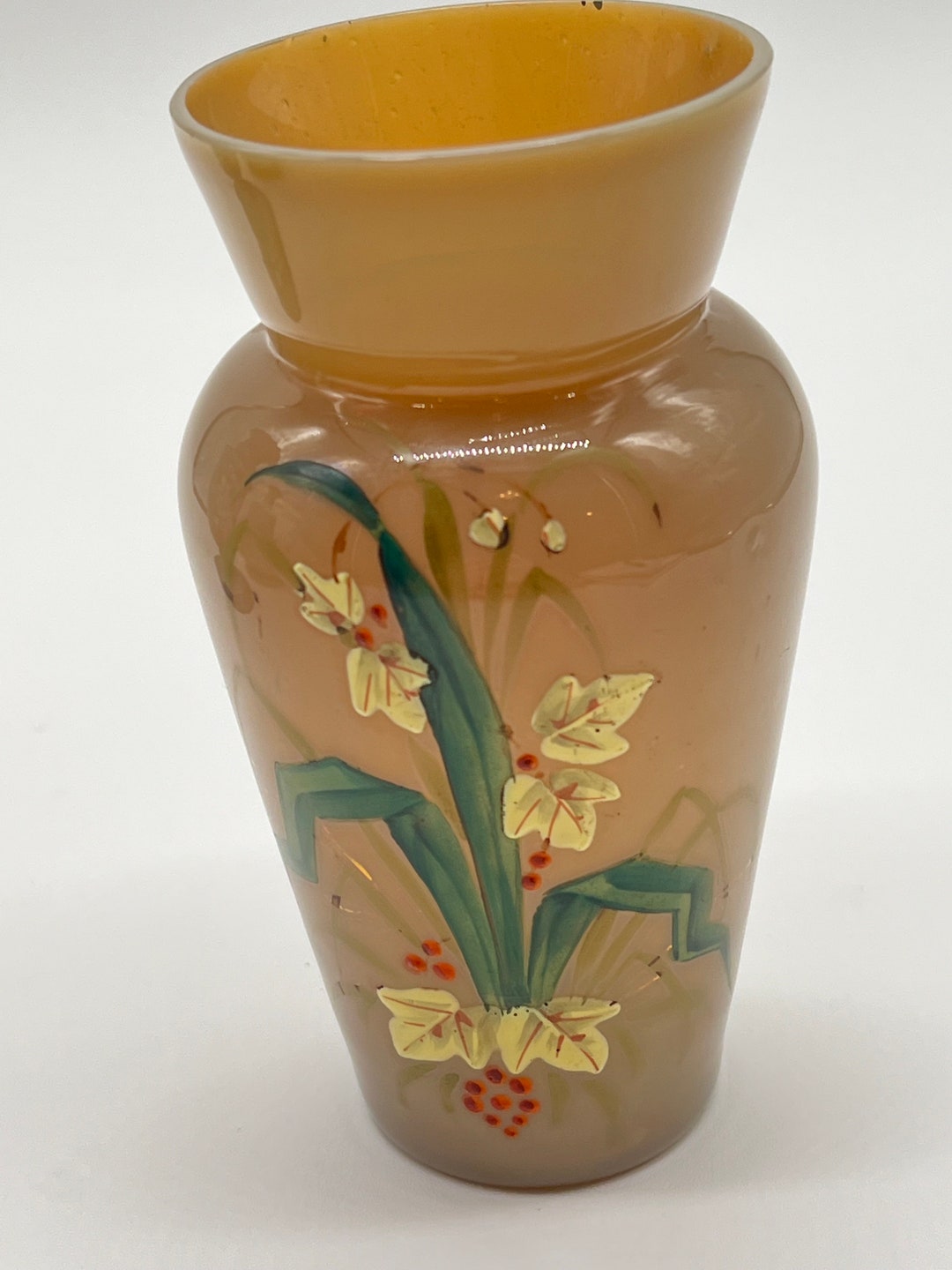 Antique Victorian Fireglow Glass Vase: Enameled Lily of the Valley ...