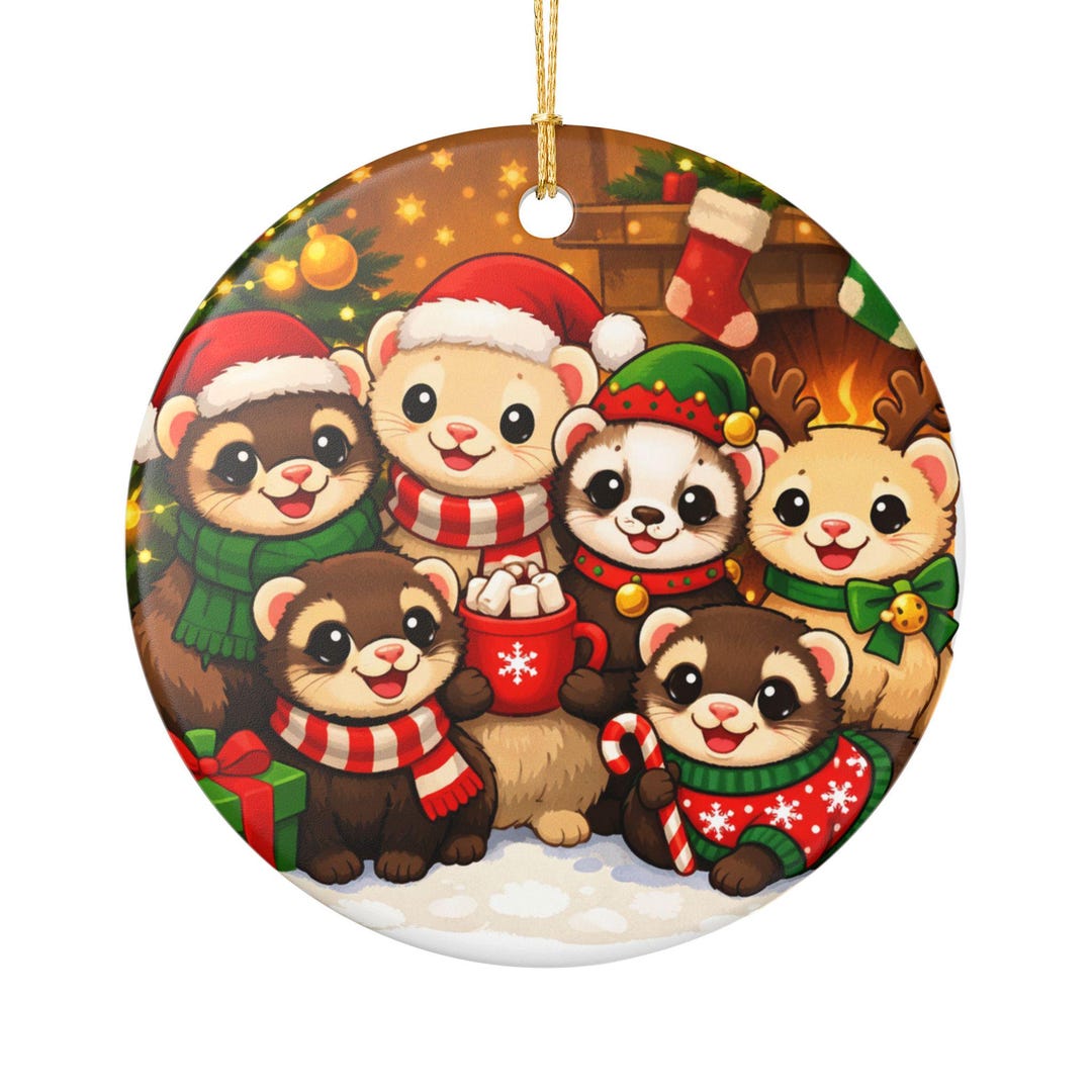 Six Festive Critters by Fireplace Ceramic Ornament | Round Holiday Tree ...
