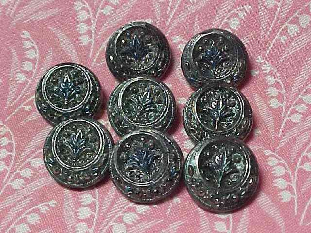 Vintage Set of 8 Black Glass Leaf and Flower Luster Buttons 5/8 Inch ...