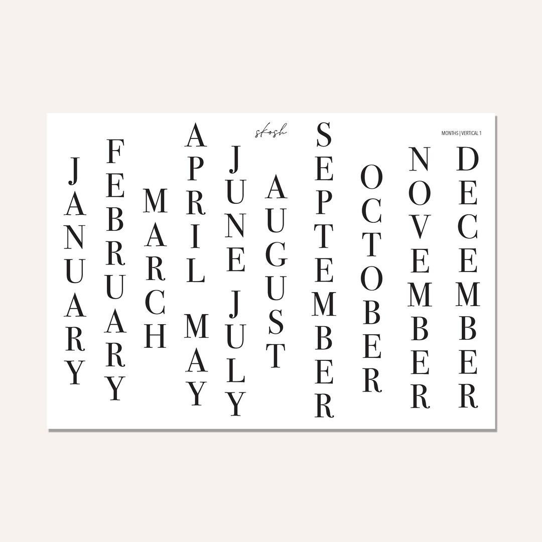 Large Vertical Months | Text Stickers | Washi | Two Fonts - Etsy