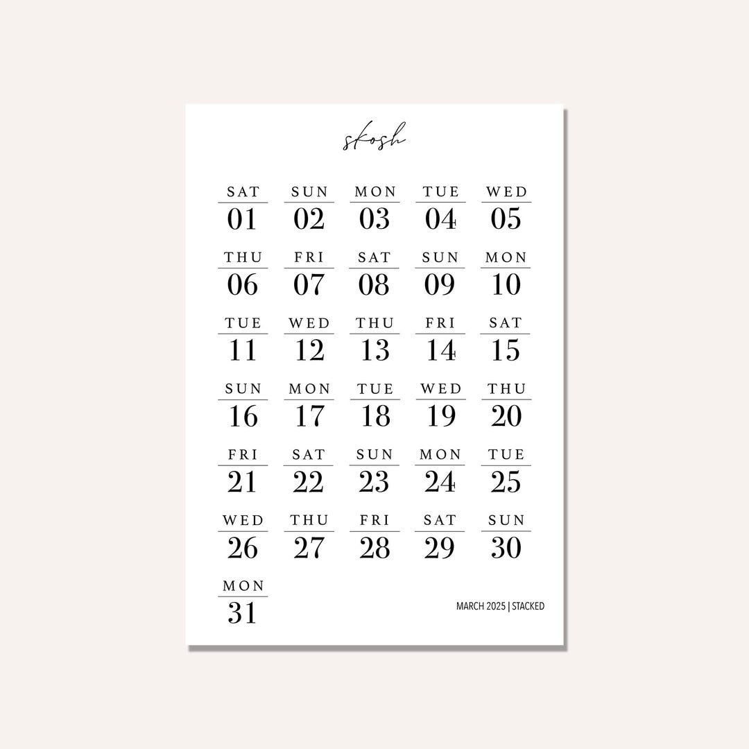 Stacked Dates and Days of the Week - Etsy