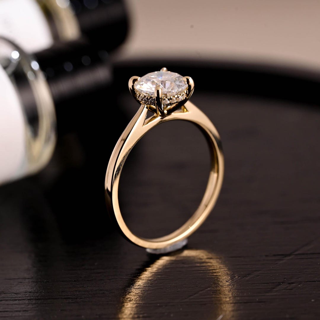 Cathedral Setting Hidden Halo Round Cut Moissanite Engagement Ring ...