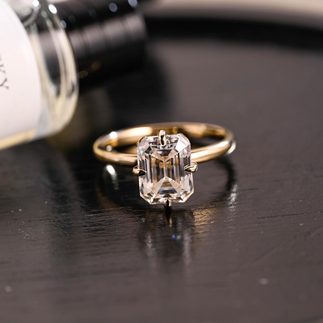 Solid Gold Compass Set Solitaire Emerald Cut Moissanite Engagement Ring ...