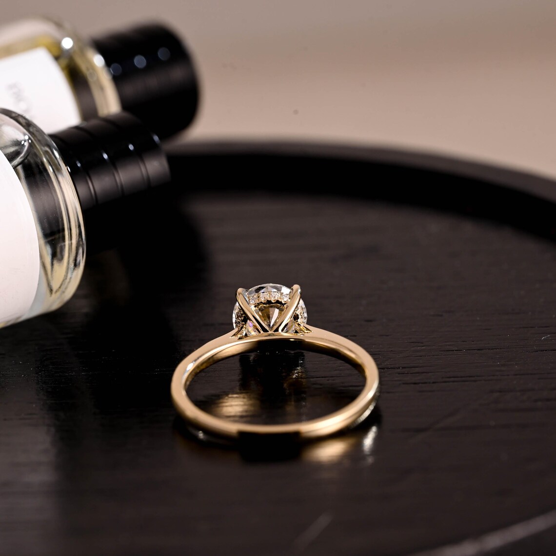 Cathedral Setting Round Cut Moissanite Engagement Ring, Hidden Halo ...