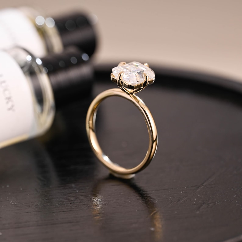 Solid Gold Compass Set Solitaire Emerald Cut Moissanite Engagement Ring ...