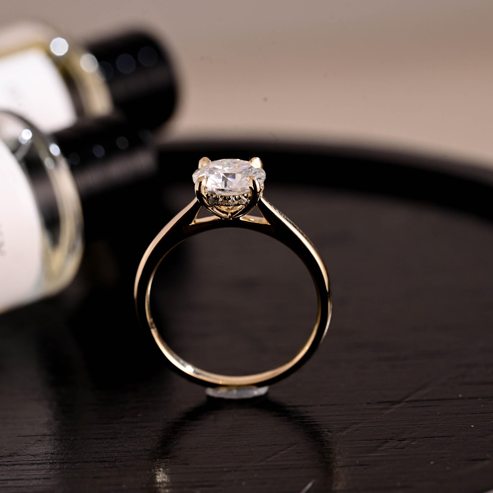 Cathedral Setting Hidden Halo Round Cut Moissanite Engagement Ring ...