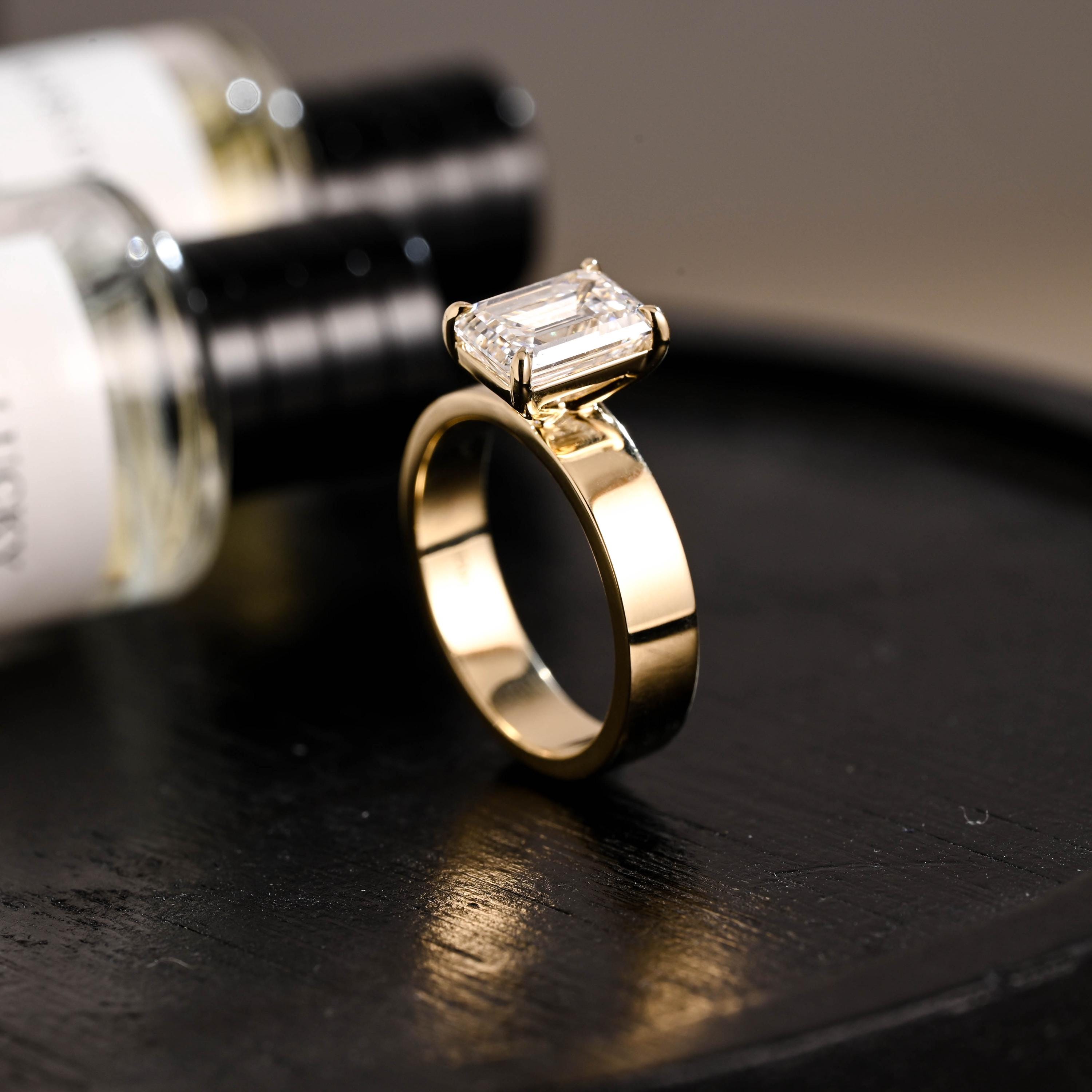 Solid Gold Emerald Cut Moissanite Engagement Ring, 4mm Wide Band ...