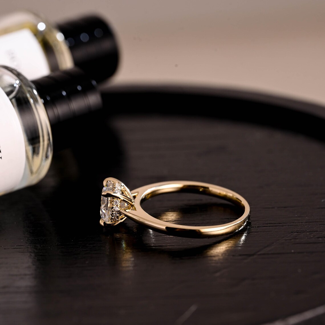 Cathedral Setting Round Cut Moissanite Engagement Ring, Hidden Halo ...