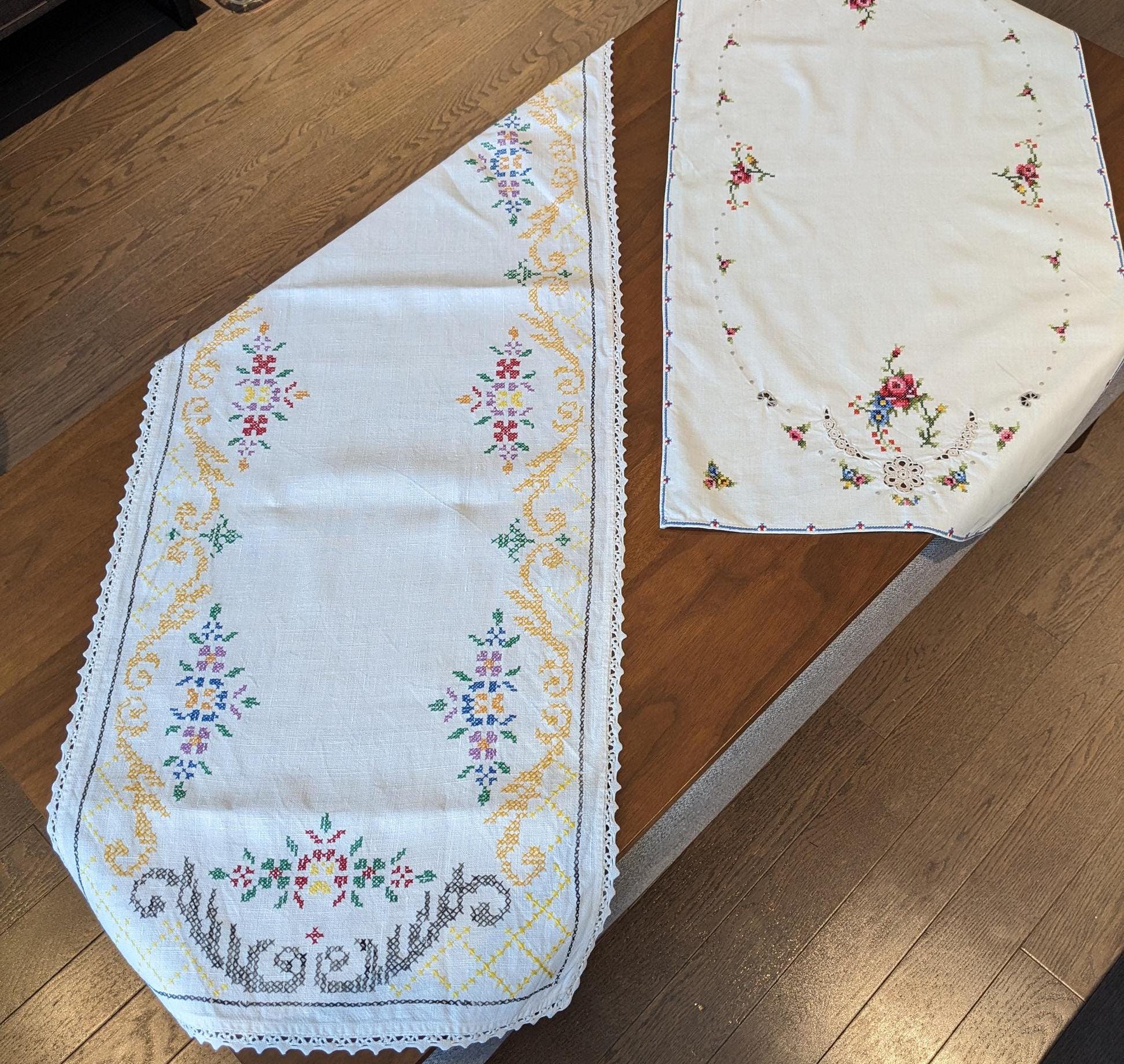 Vintage Hand Embroidered Linen Table Runners Cottage Homestead-core ...