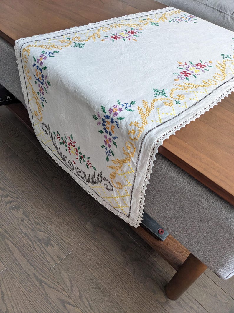 Vintage Hand Embroidered Linen Table Runners Cottage Homestead-core ...