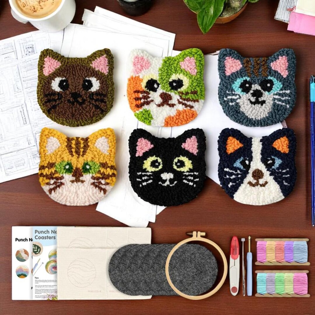Cat Punch Needle Kit | 6 Cute Coaster Patterns | DIY Punch Needle ...