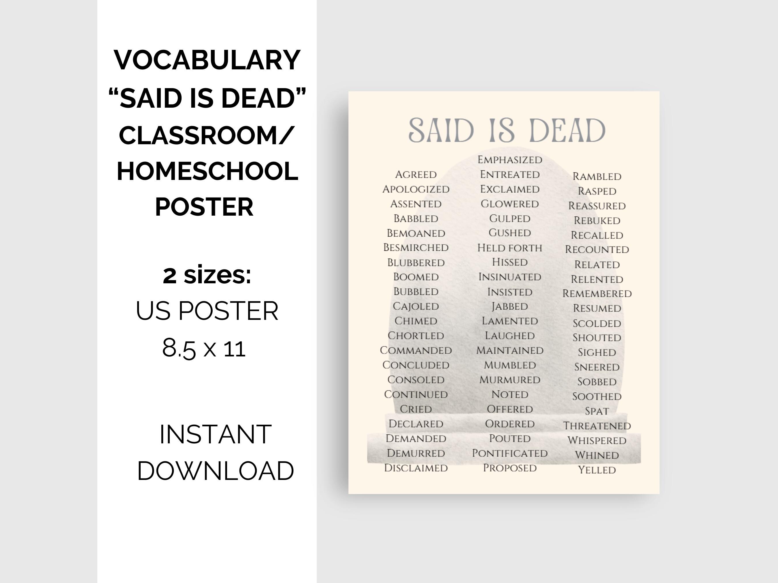 Classroom Homeschool Poster, Vocabulary Said is Dead, Word Choice ...
