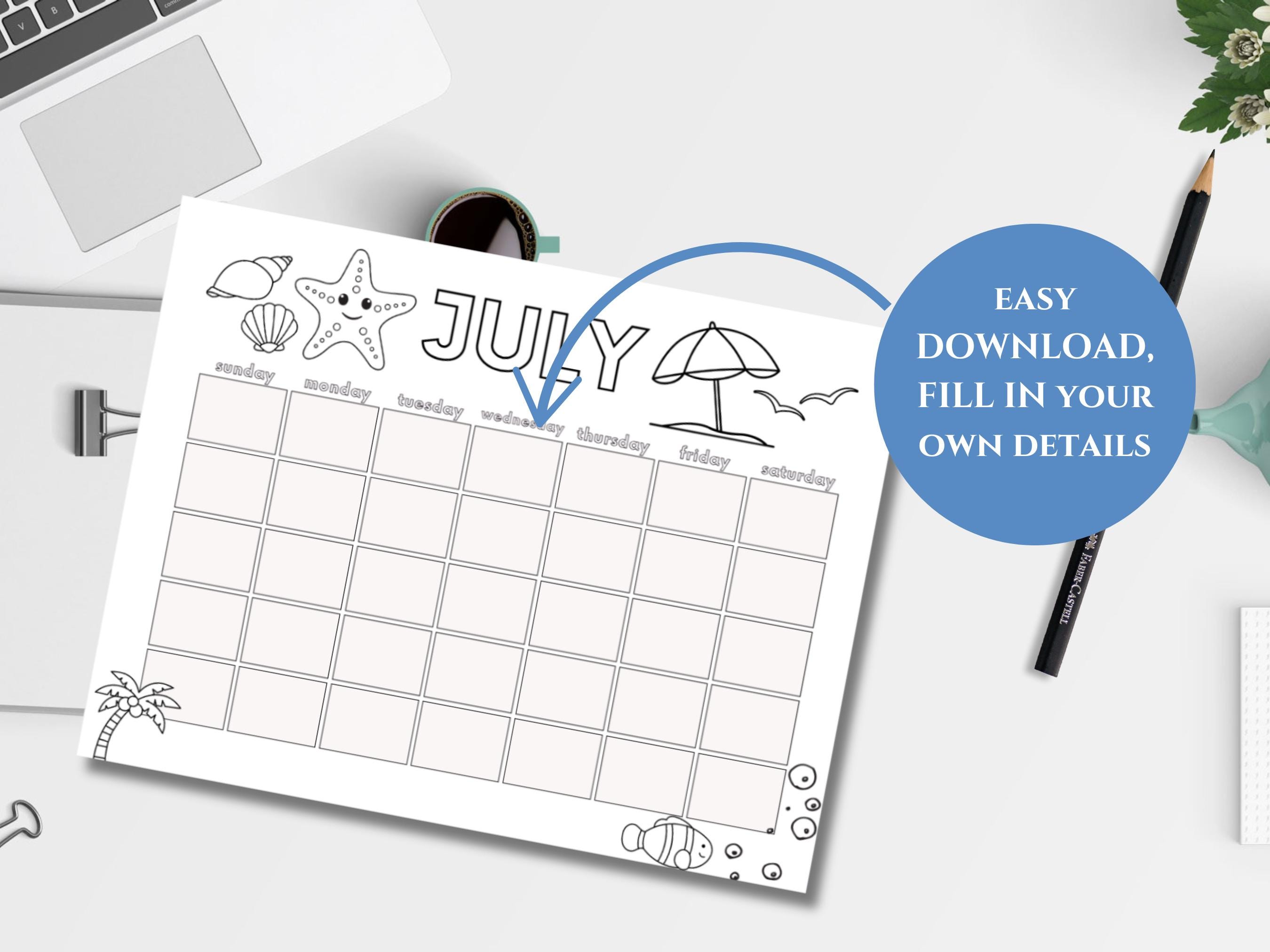 Printable Coloring Calendar - for Kids, Teachers, Parents and ...