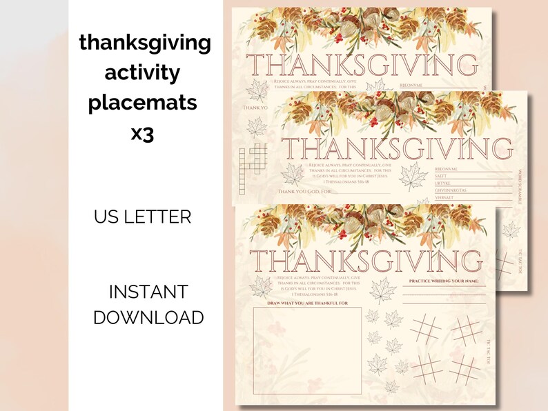 Printable Thanksgiving Activity Placemats - Etsy