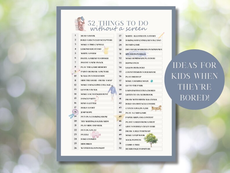 52 Screen Free Activites for Kids Printable - Etsy
