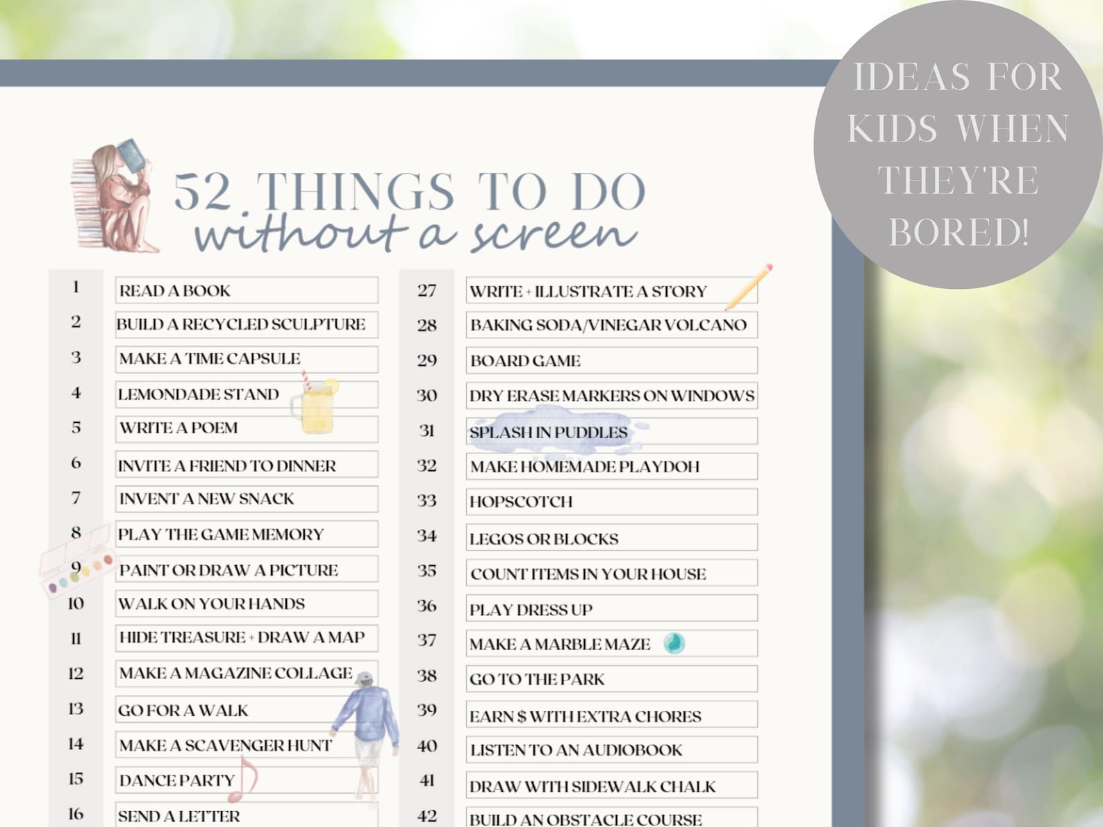 52 Screen Free Activites for Kids Printable - Etsy