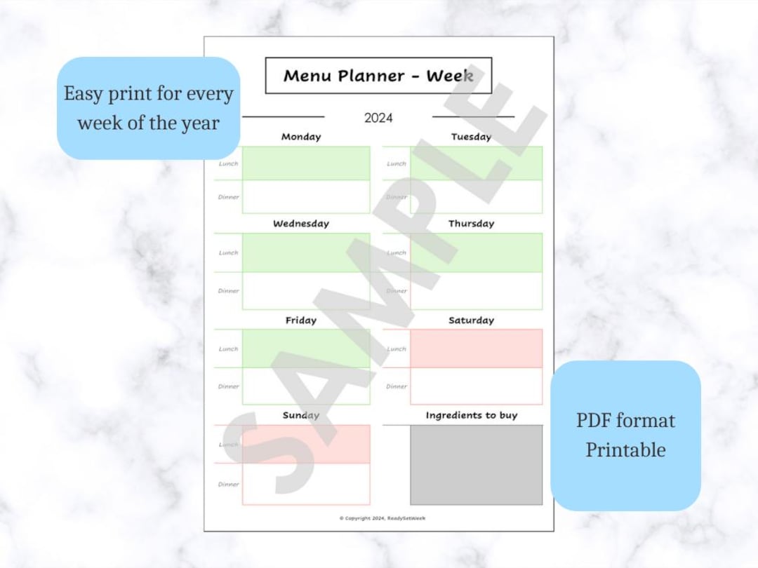 Printable Weekly Menu Planner 2024 Digital & Printable - Etsy