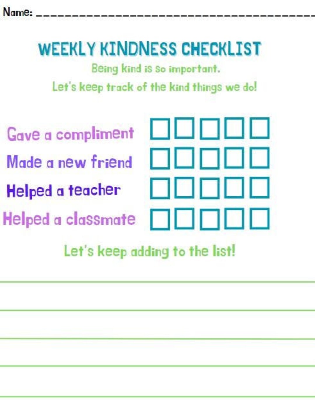 Kindness Checklist Worksheet - Etsy