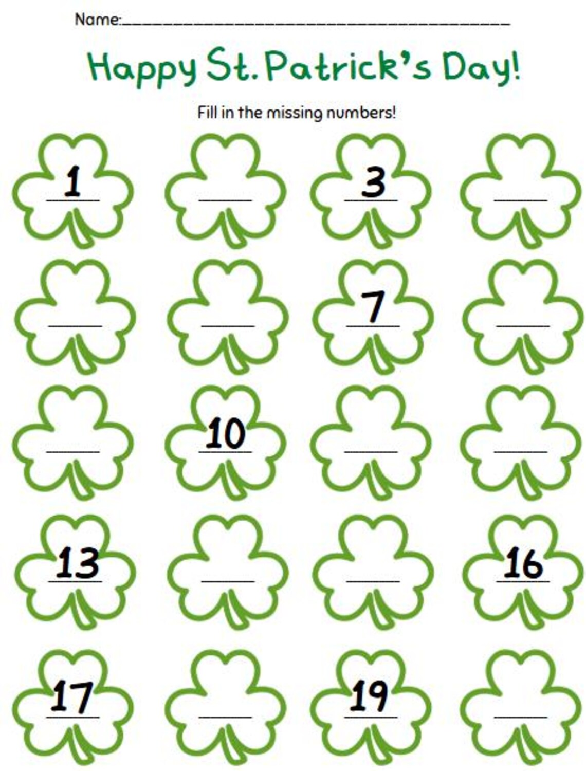 St. Patrick Day Missing Numbers Worksheet PDF Elementary Kindergarten ...