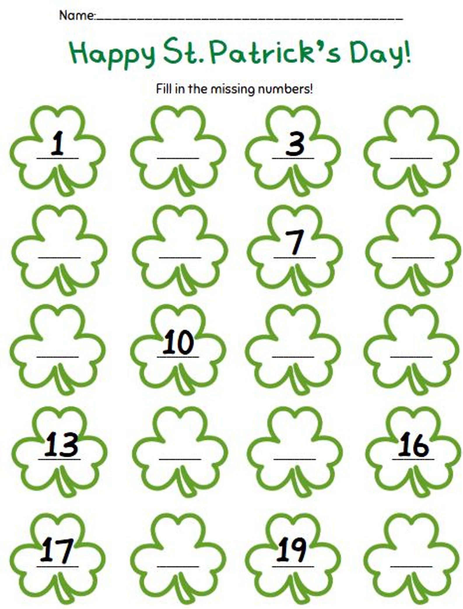 St. Patrick Day Missing Numbers Worksheet - Etsy