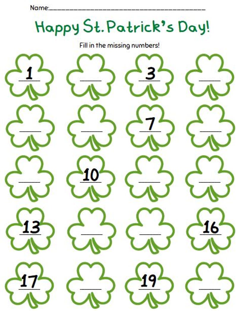 St. Patrick Day Missing Numbers Worksheet - Etsy