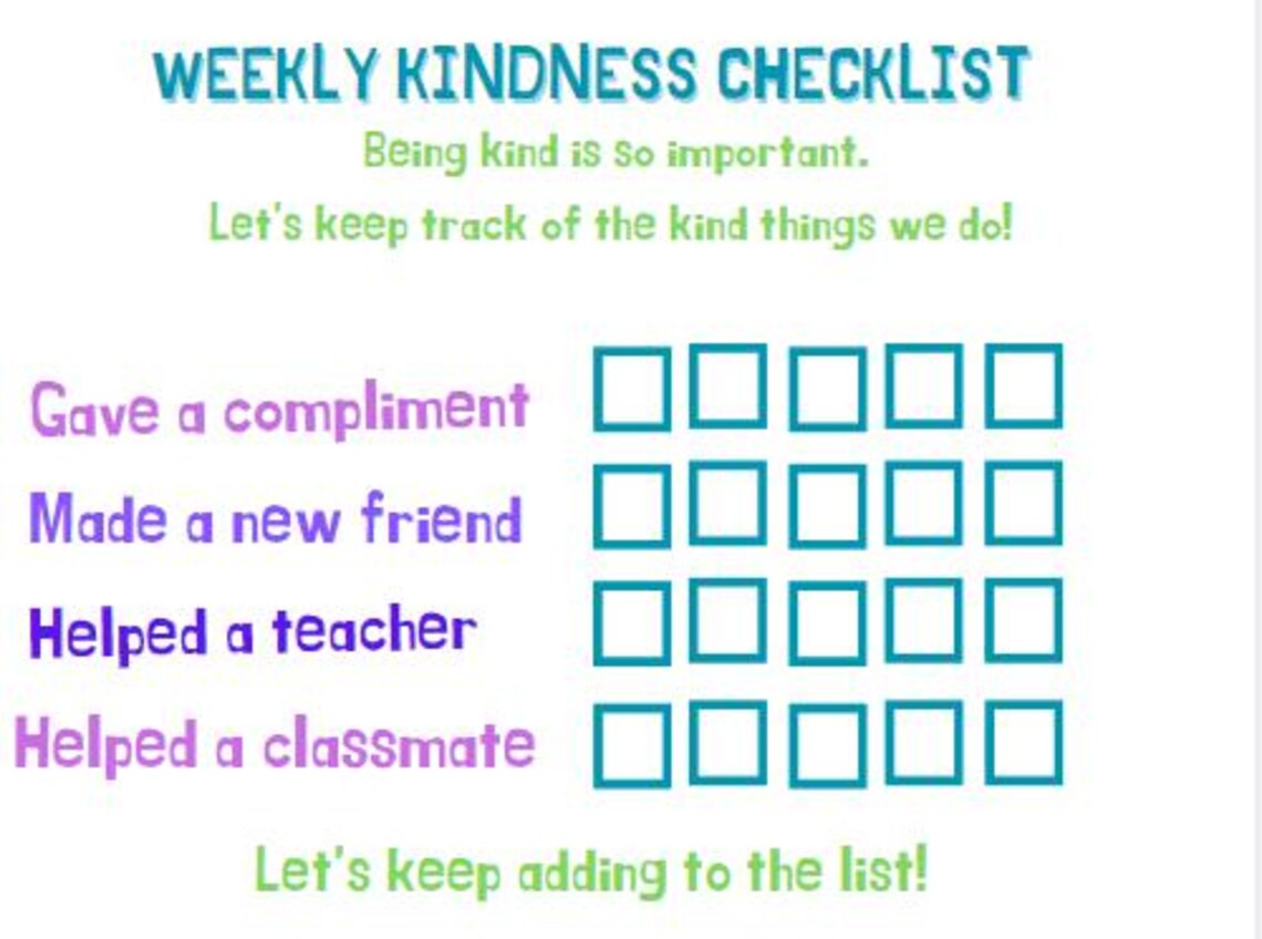 Kindness Checklist Worksheet - Etsy